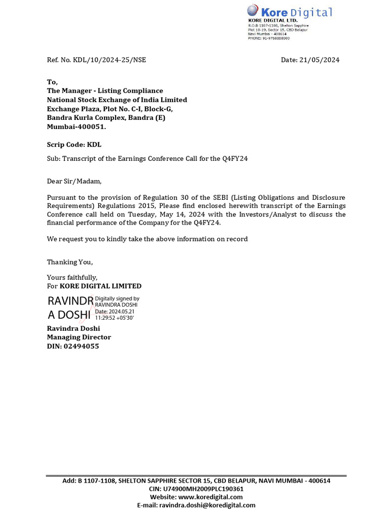 KDL 21052024113903 NSE Transcript Sign | PDF | Interest | Debt