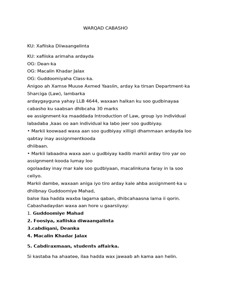 Cabasho Dhibcaha Assignment-ka LLB 4644 | PDF