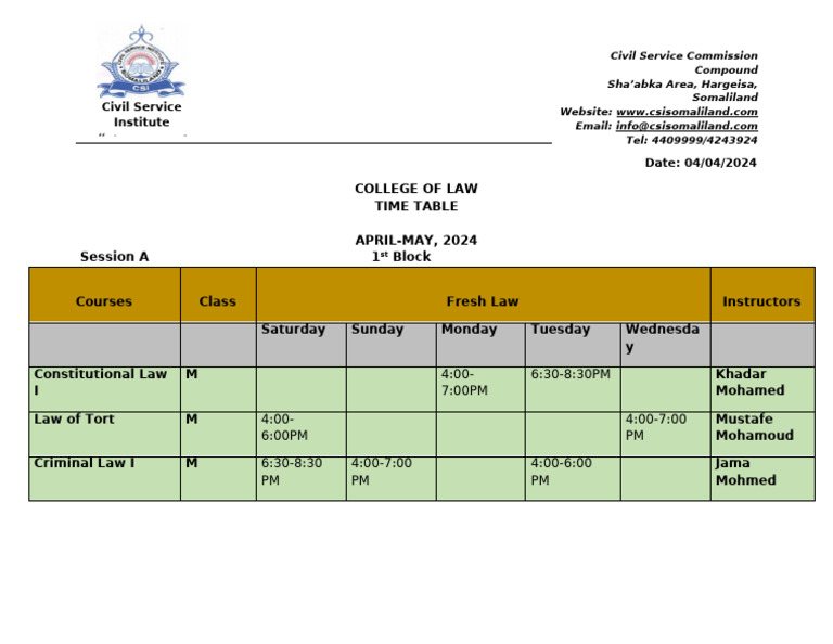 College of Law April-May 2024 Timetable | PDF