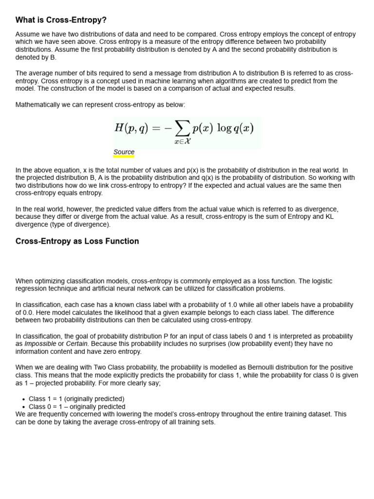 A Beginners’ Guide to Cross-Entropy in Machine Learning | PDF ...