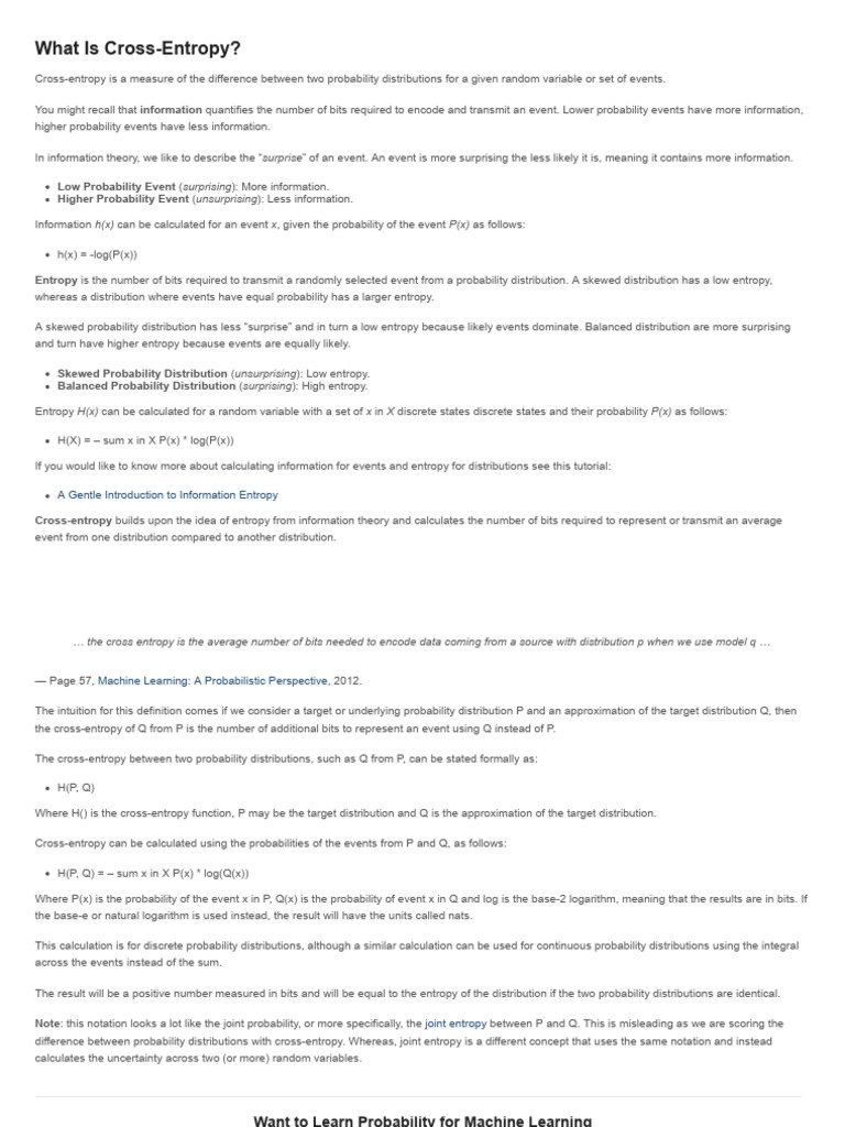 A Gentle Introduction To Cross-Entropy For Machine Learning | PDF ...