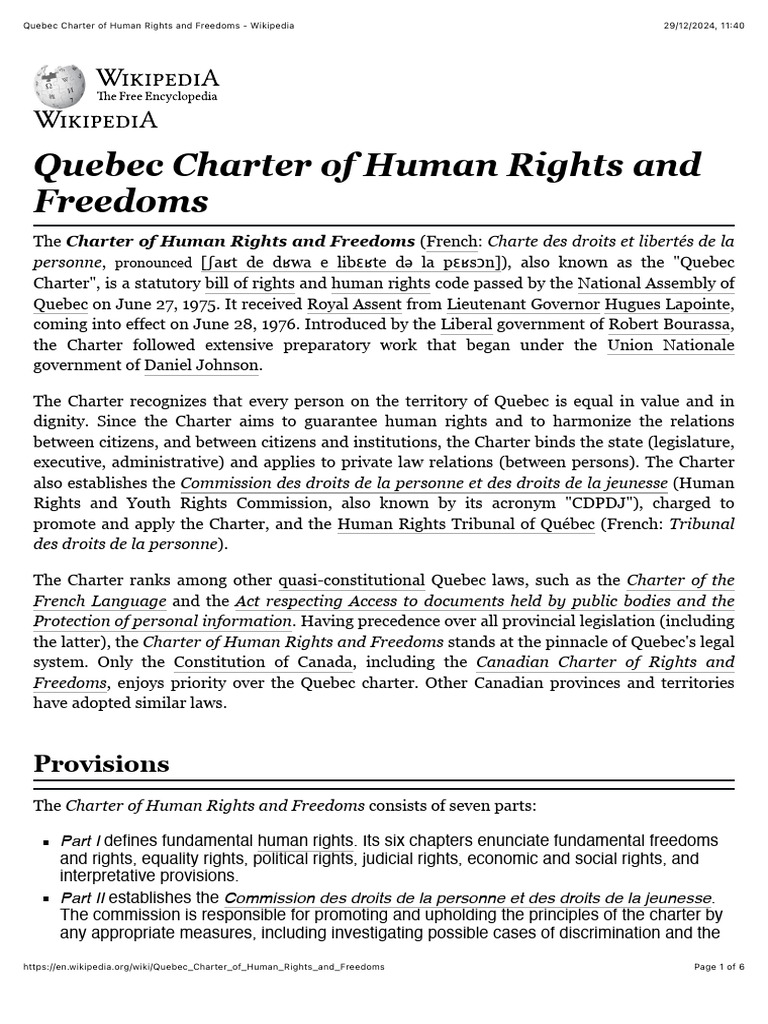 Quebec Charter of Human Rights and Freedoms | PDF | Justice | Crime ...