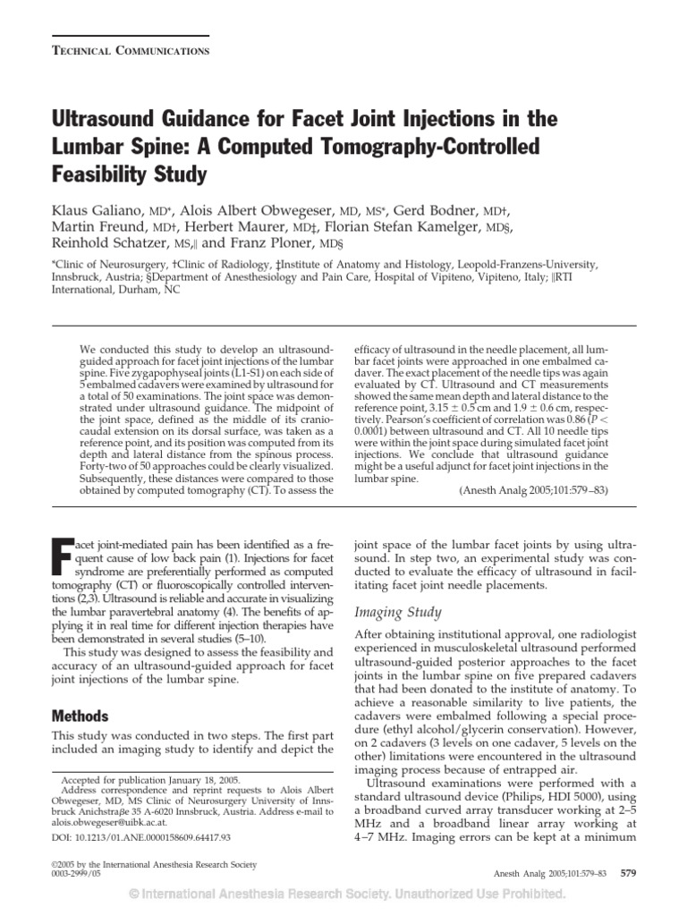 Ultrasound Guidance for Facet Joint Injections in.47 | PDF | Vertebra ...