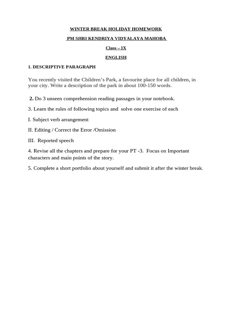Winter Break Holiday Homework Ix | PDF