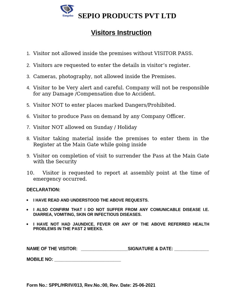 HR - Instruction of Visitor | PDF