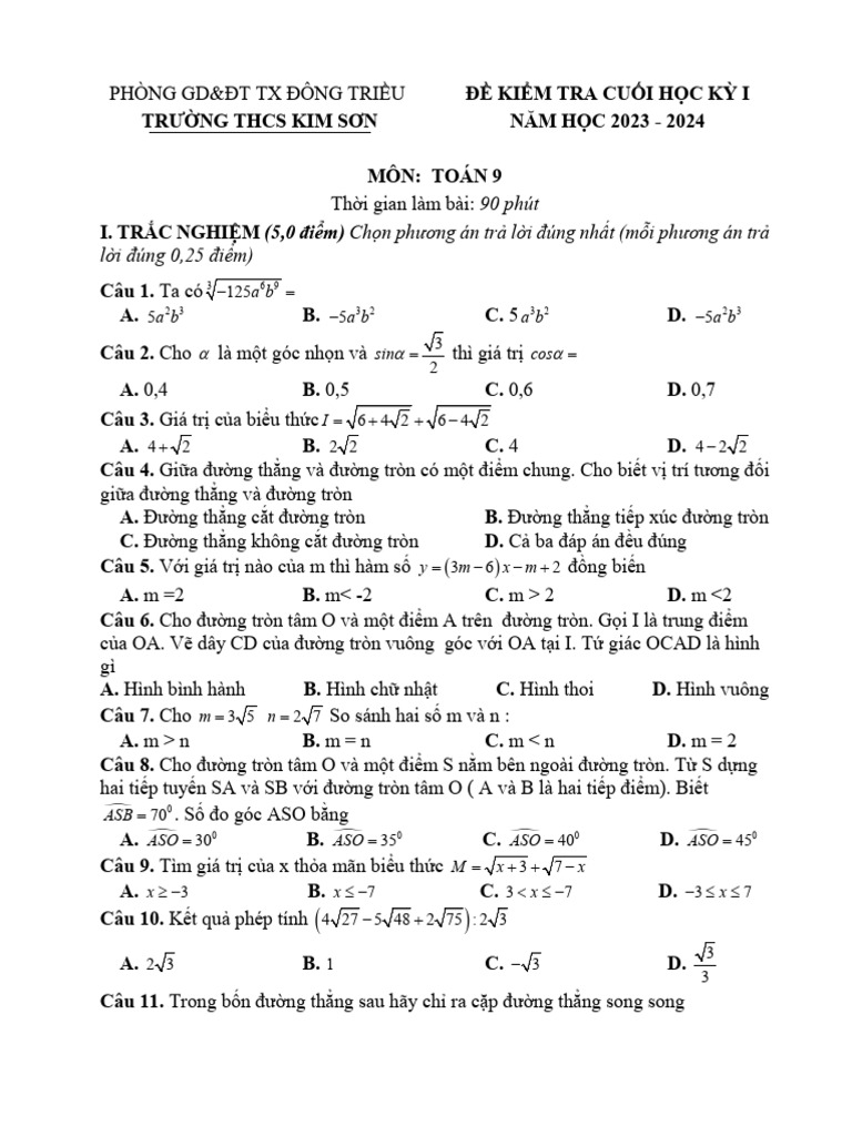 De Cuoi Hoc Ky 1 Toan 9 Nam 2023 2024 Truong Thcs Kim Son Quang Ninh Pdf