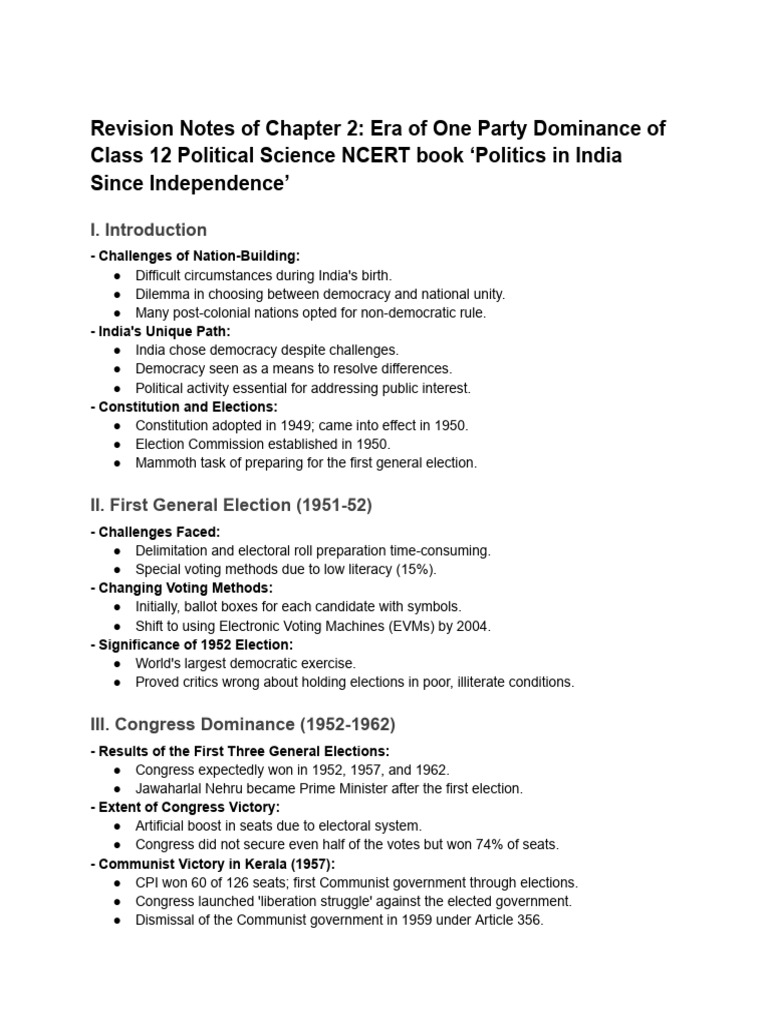 Cbse Class 12 Chapter 2 Era of One Party Dominance Notes | PDF ...
