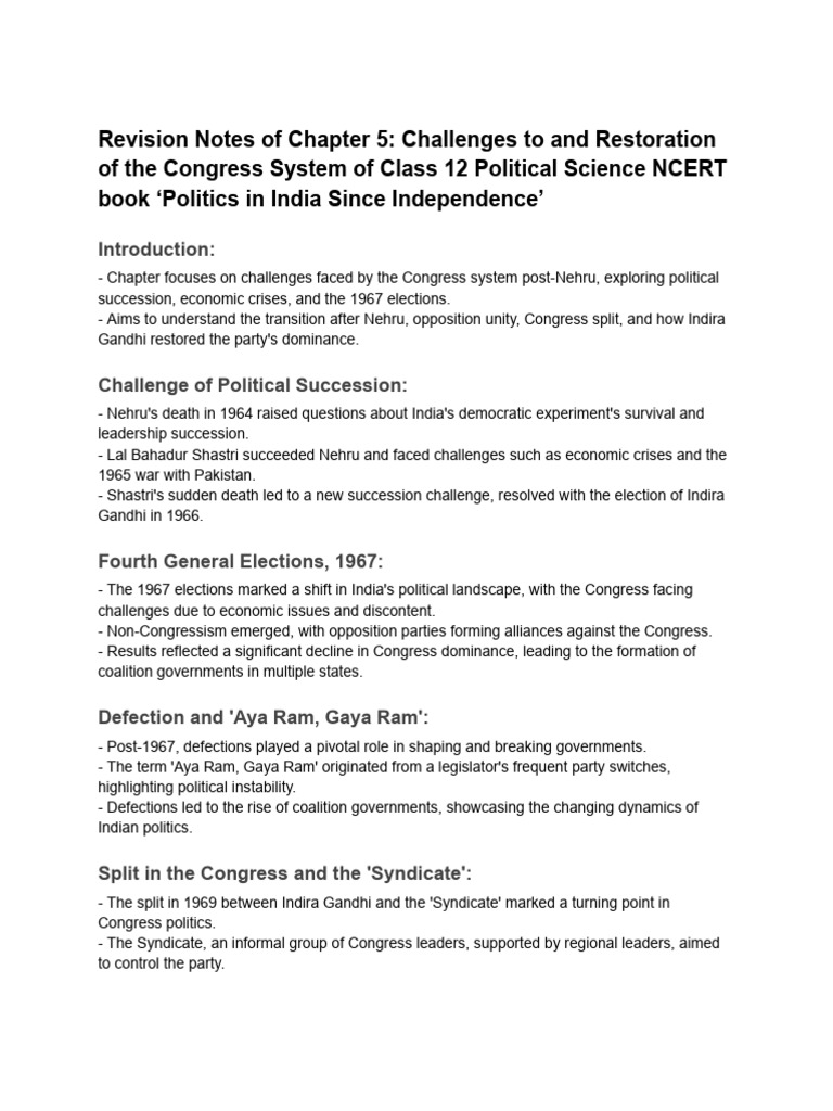 Chapter 5 Challenges To and Restoration of The Congress System | PDF ...