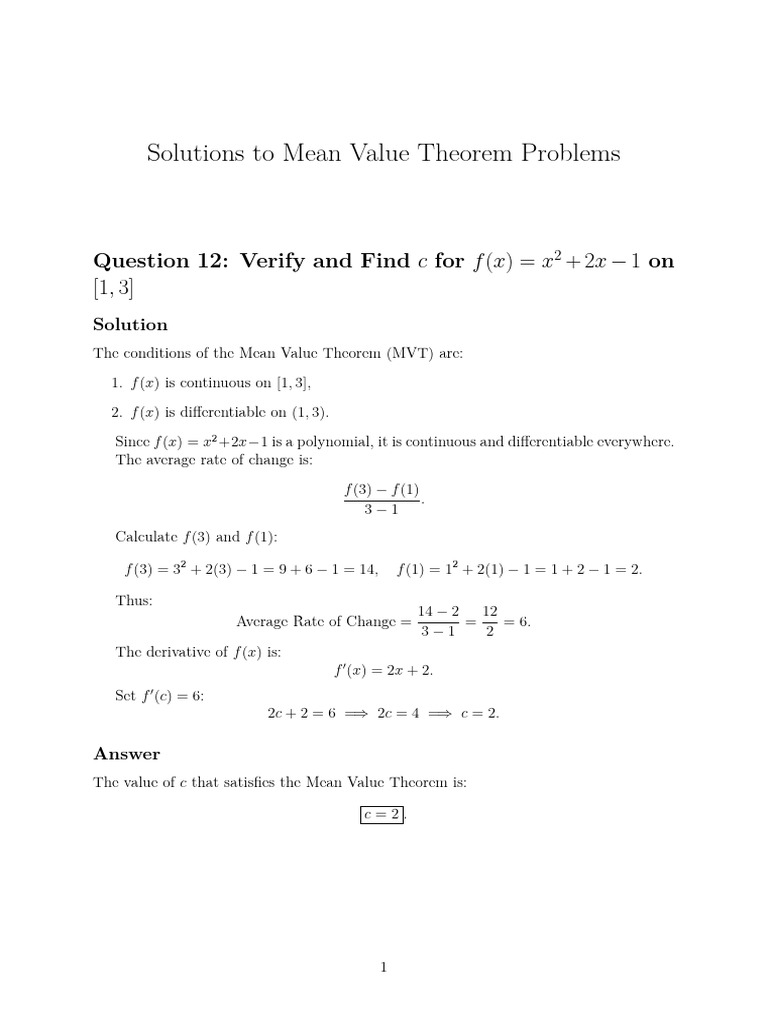 Mean Value Theorem Solutions | PDF | Derivative | Square Root
