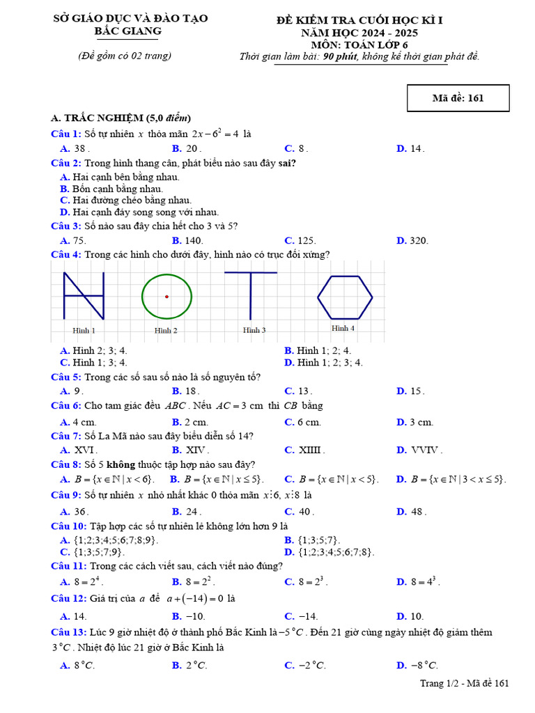 De Kiem Tra Cuoi Hoc Ki 1 Toan 6 Nam 2024 2025 So GDDT Bac Giang | PDF