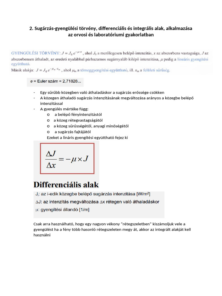Sugárzás-Gyengülési Törvény, Differenciális És Integrális Alak, Alkalmazása | PDF