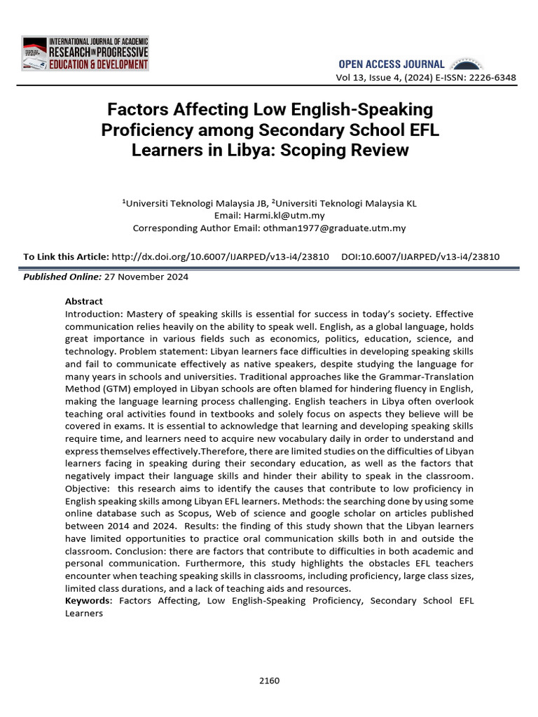 Factors Affecting Low English Speaking Proficiency Among Secondary School Efl Learners in Libya ...