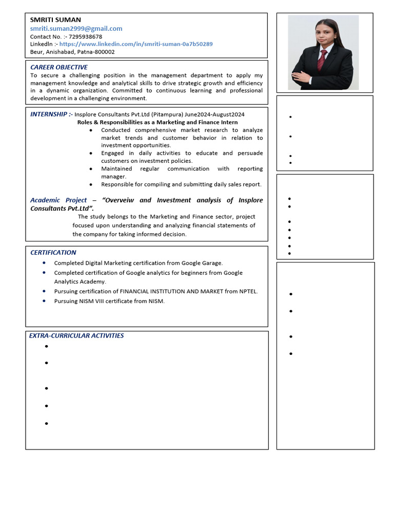 MBA Smriti Finance Resume | PDF | Analytics | Economies