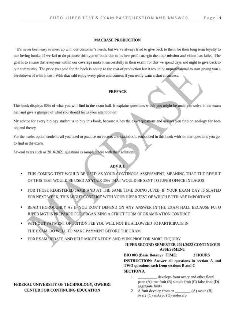 FUTO JUPEB Exam Past Questions Guide | PDF | Plant Nutrition | Flowers