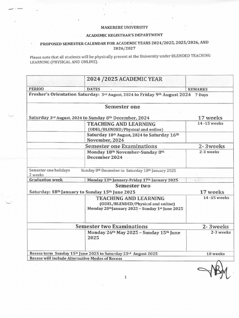 Makerere Academic Semester Calendar 2024 25 - 2025 2 - 241006 - 202113 ...