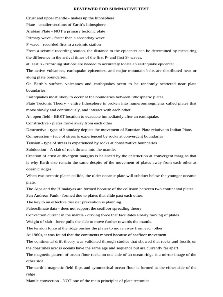 Reviewer For Summative Test | PDF | Plate Tectonics | Earthquakes