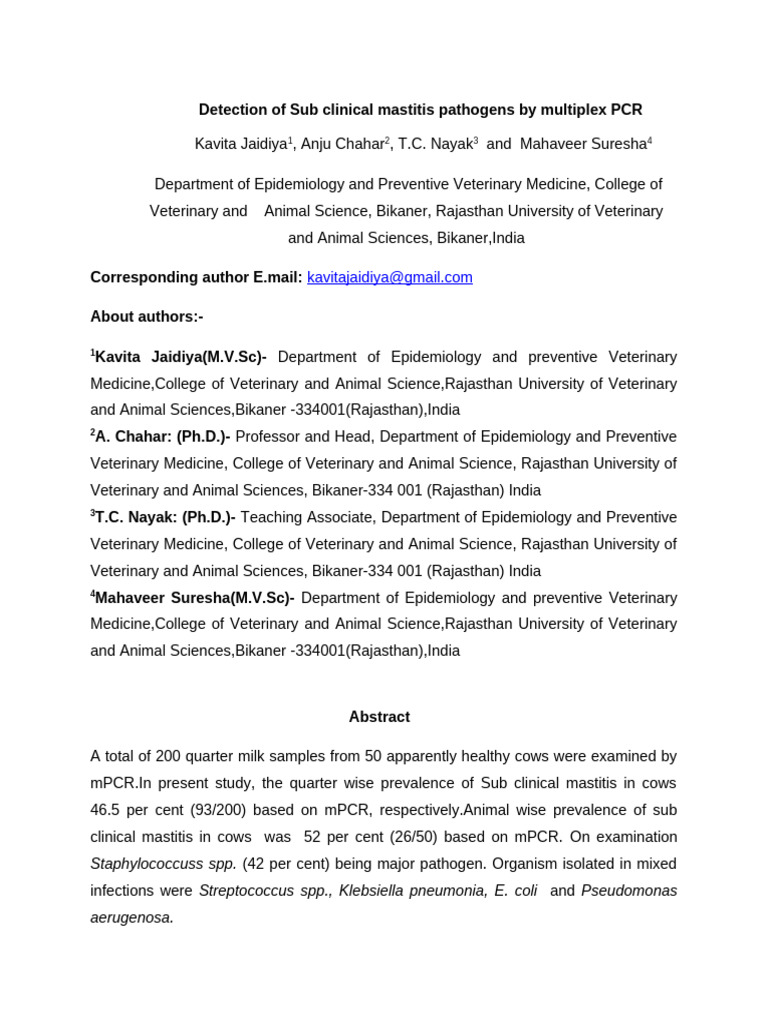 Detection of Sub Clinical Mastitis Pathogens by Multiplex PCR | PDF ...