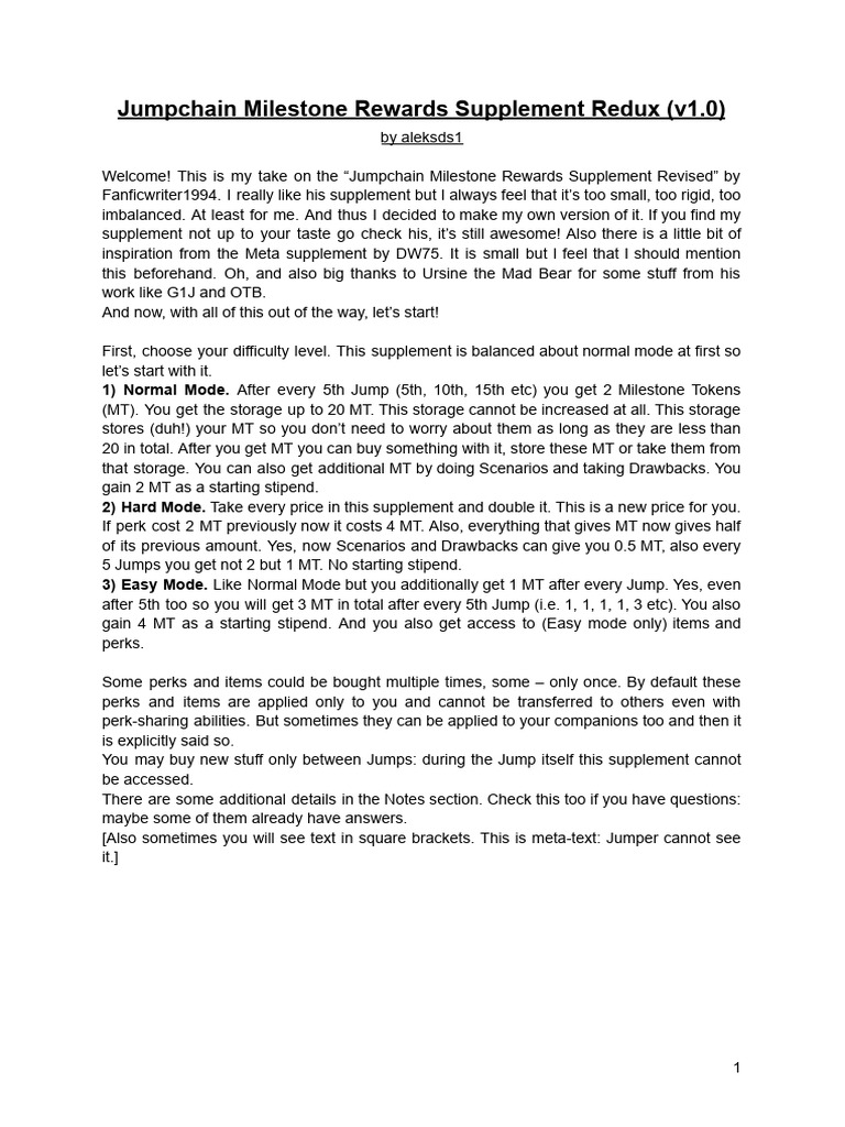Jumpchain Milestone Rewards Supplement Redux | PDF