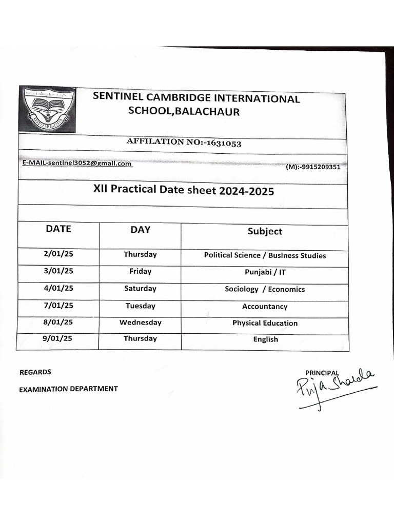 Practical Date Sheet Grade 12 | PDF