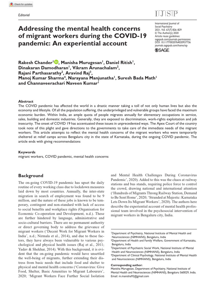 Chander Et Al 2020 Addressing The Mental Health Concerns of Migrant ...