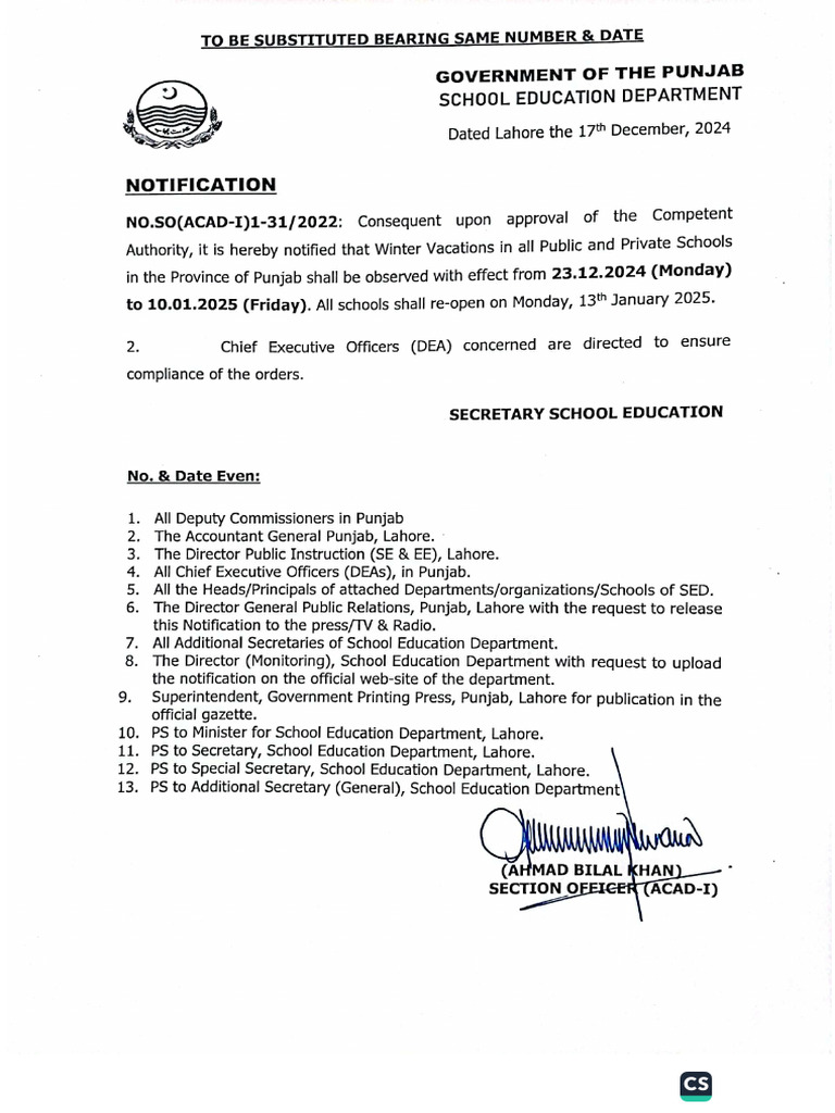 Revised Notification Winter Vacation | PDF