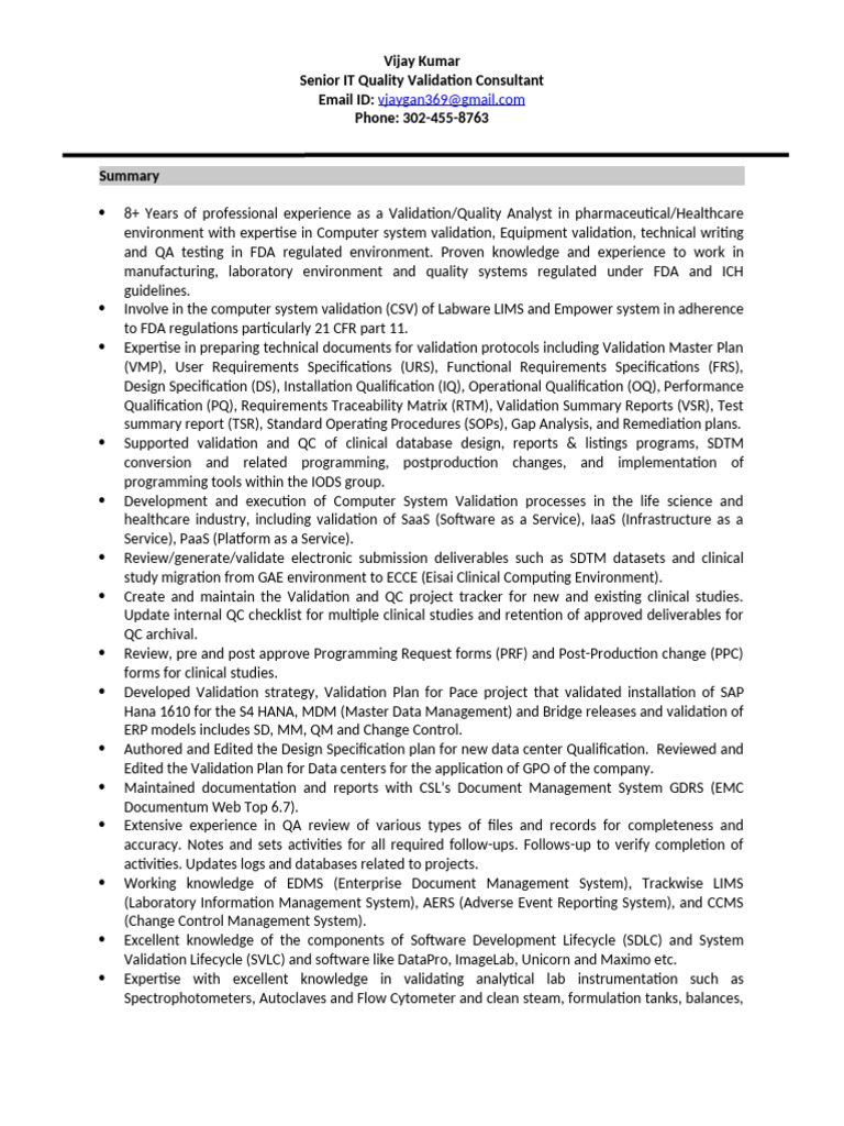 Vijaykumar - Validation Resume | PDF | Verification And Validation | Pharmacy