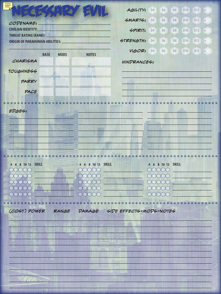 Savage Worlds - Necessary Evil - Character Sheet 3 | PDF