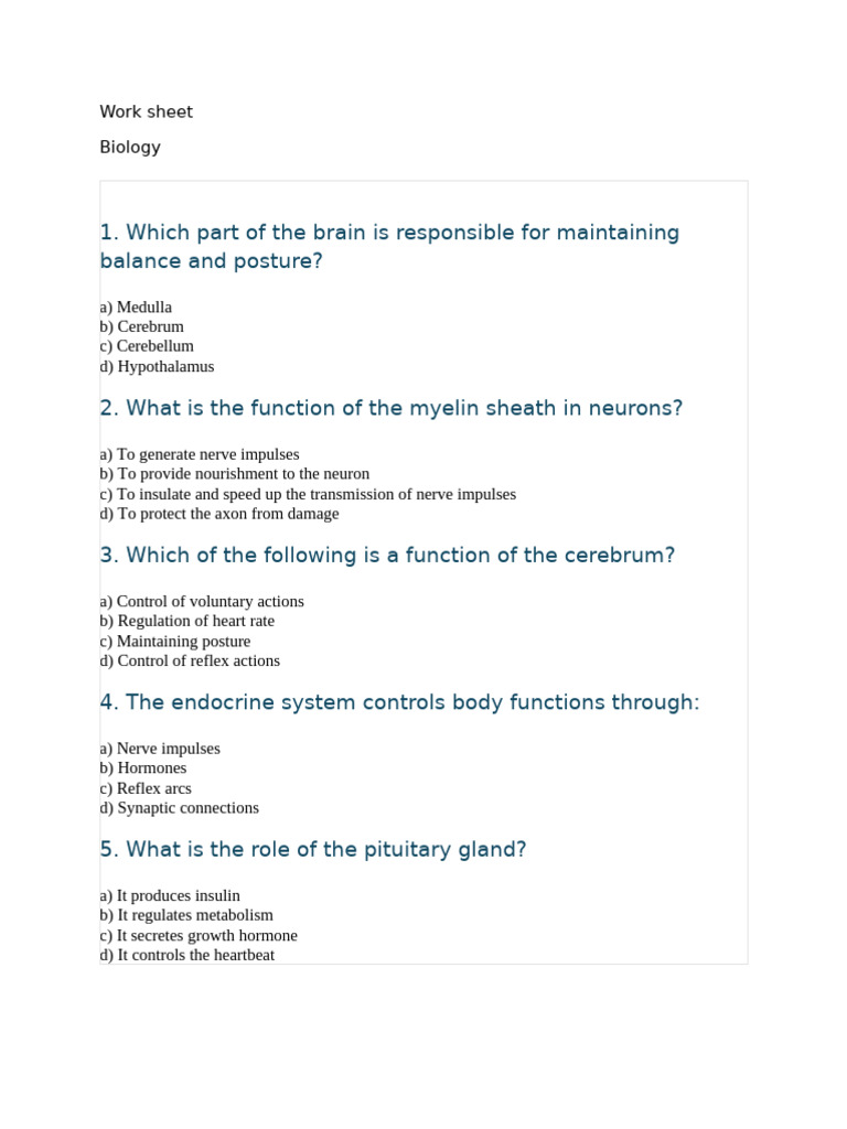 Worksheet On Control and Coordination | PDF