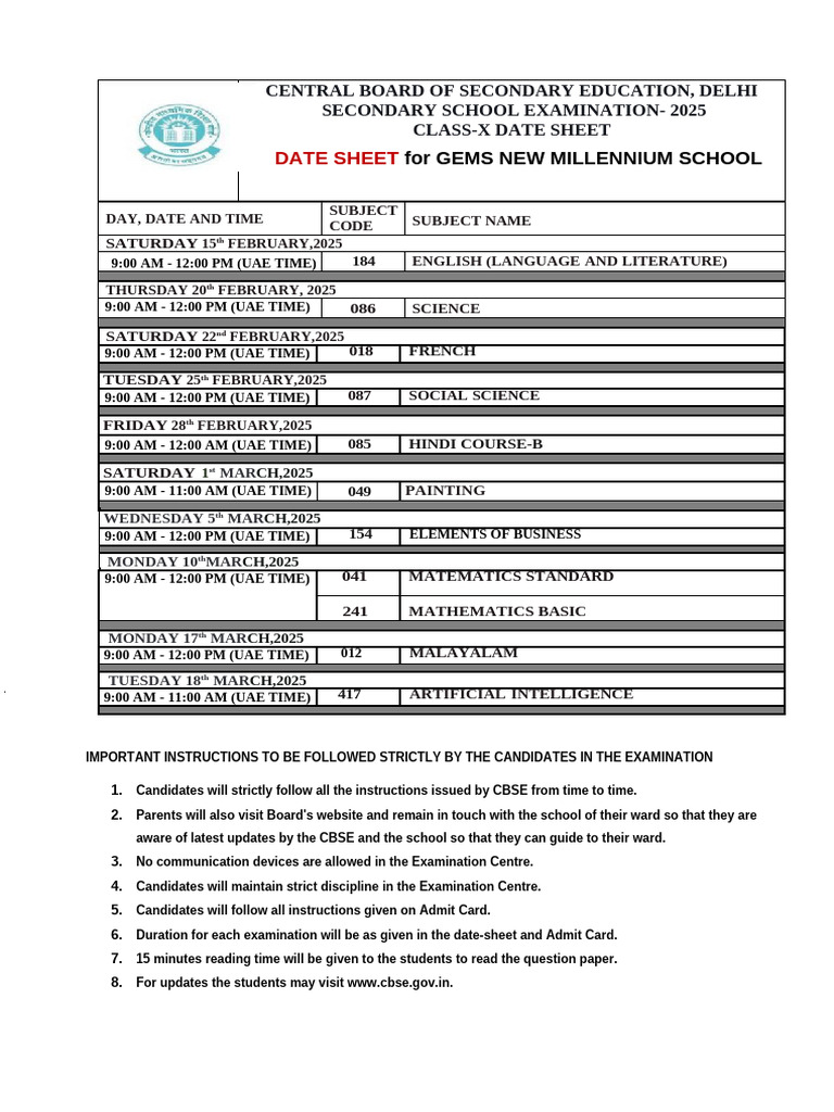 Board Examination - 2024-25 - Class-X Date Sheet - Gnms | PDF
