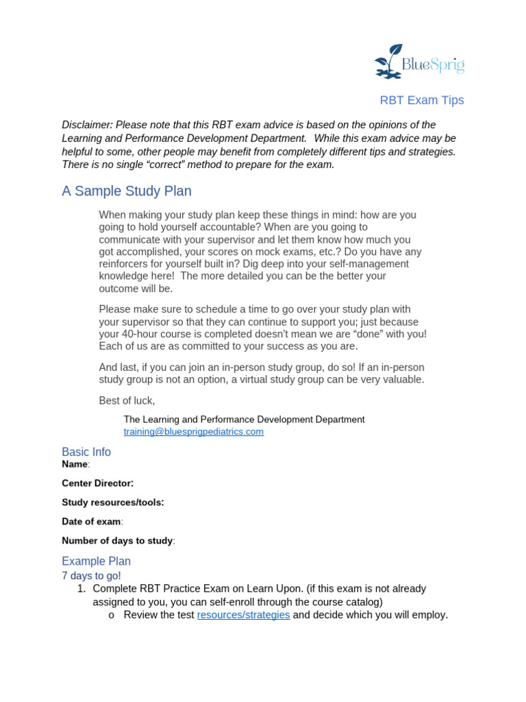 RBT Exam - Study Plan - 2.17.22 | PDF | Reinforcement | Multiple Choice