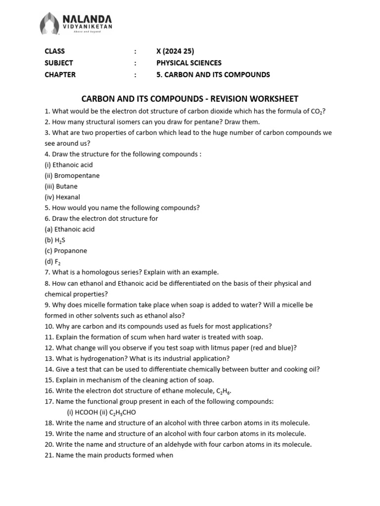 Class X - Physics - 5. Carbon and Its Compounds - Worksheet 2024 25 ...