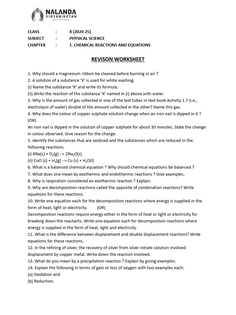 Chemical Reactions and Equations - Revision Worksheet 2024 25 | PDF ...