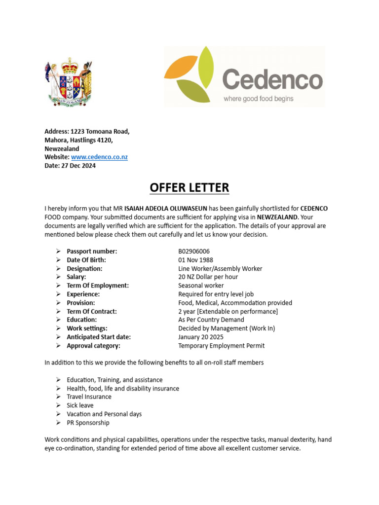 New Zealand Offer Letter | PDF | Travel Visa | Employment
