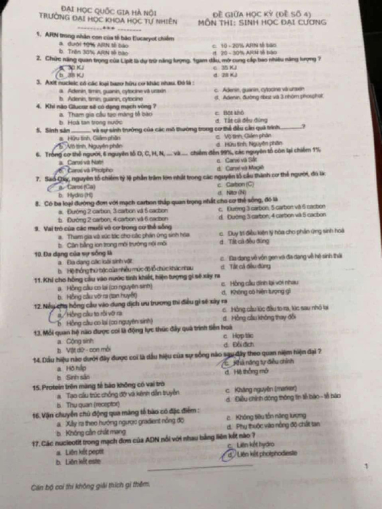 đề thi GK1 sinh học đại cương | PDF