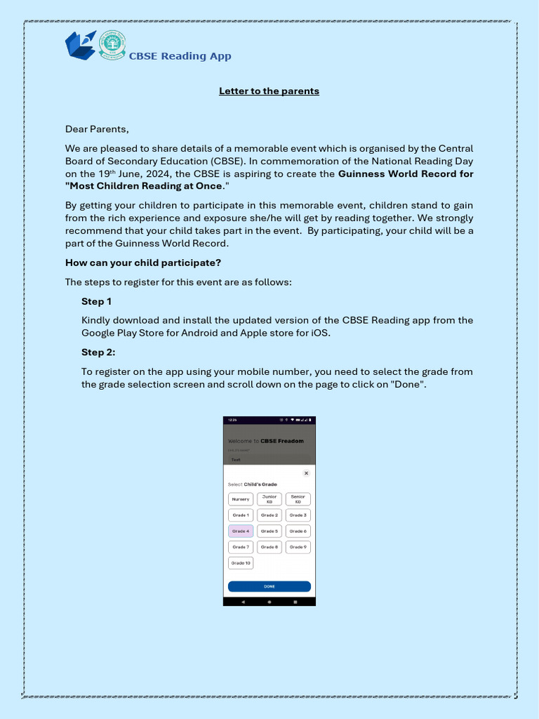 CBSE REading App - Letter To The Parents - 30th May, 2024 | PDF