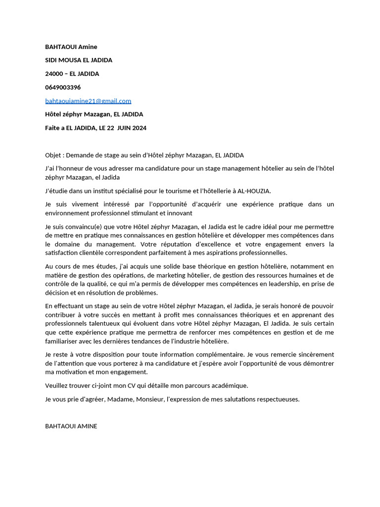 Demande de stage à l'Hôtel Zéphyr | PDF