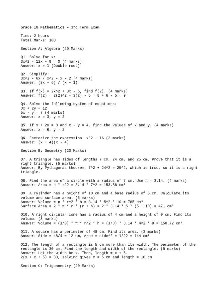 Grade 10 Math Exam Answers | PDF | Area | Length