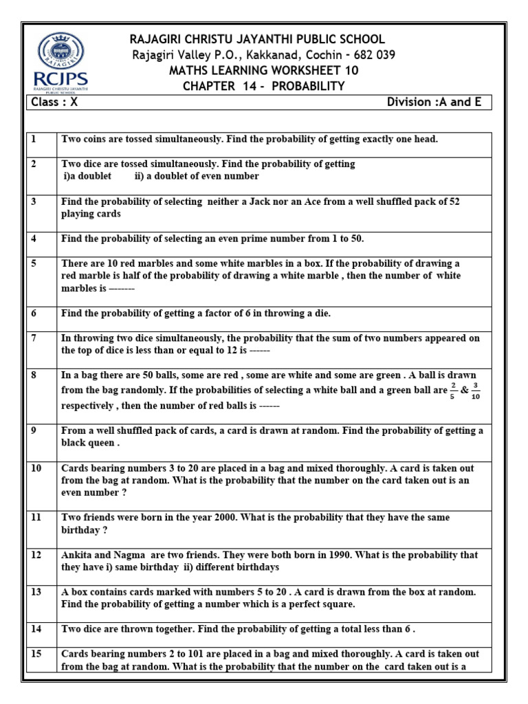 Class X Probability Worksheet | PDF | Probability | Probability Theory