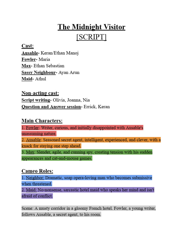 SCRIPT ENGLISH PROJECT (The Midnight Visitor) | PDF