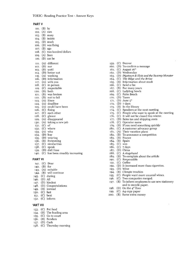TOEIC Reading Test Answer Keys | PDF