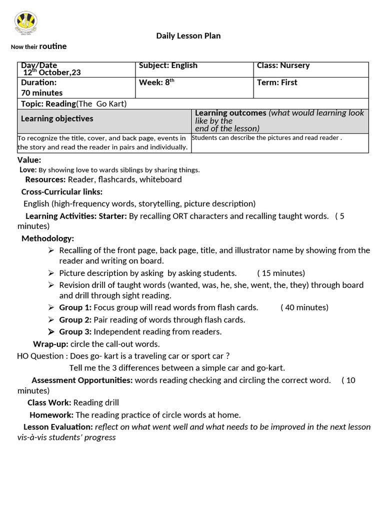 Lesson Plan Week 8 - 9th-13th October 2023 | PDF | Lesson Plan | Learning