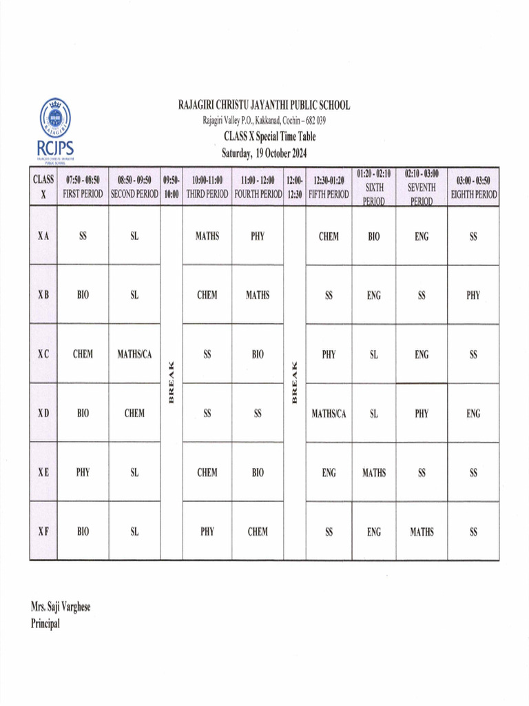 Class X Time Table | PDF