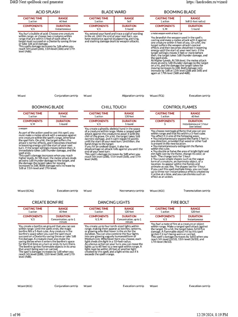 D&D Spellbook Card Generator | PDF