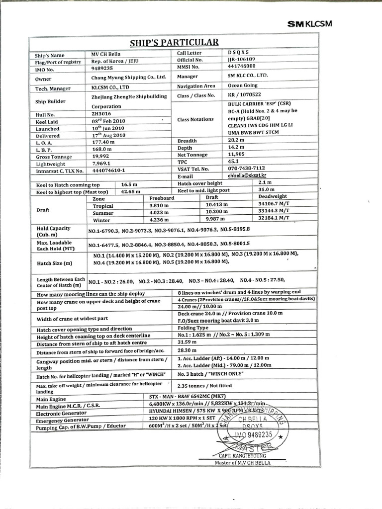 MV CH Bella (Vessel Documents) | PDF | Crane (Machine) | Shipping