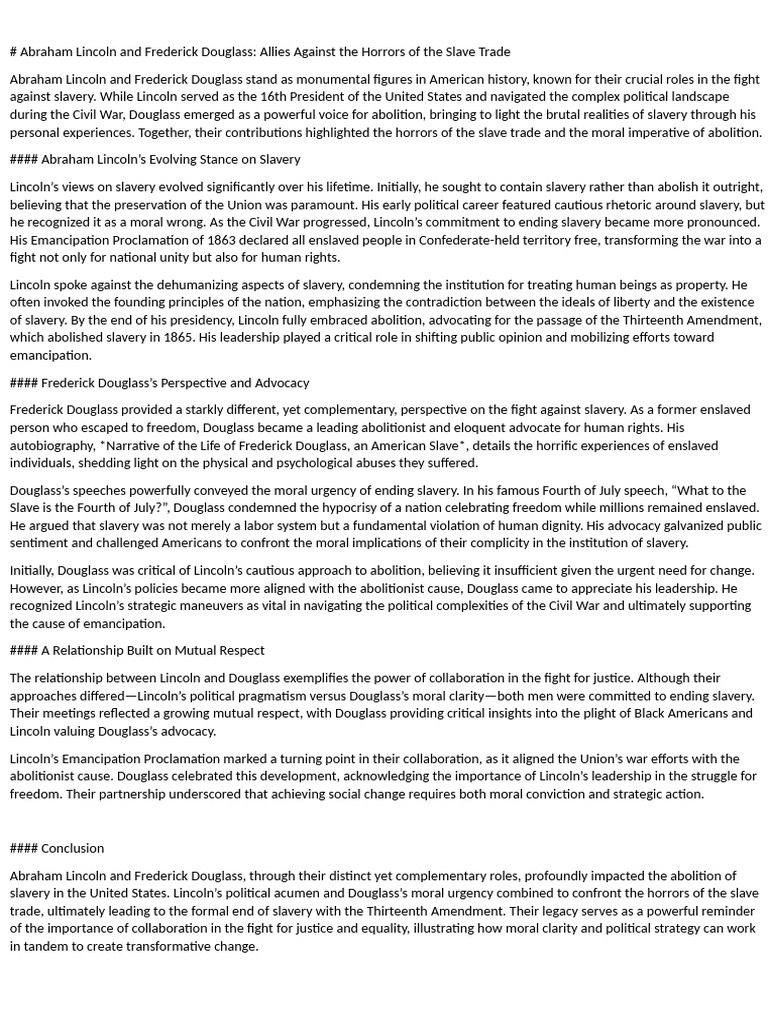 Douglass and Lincoln: Allies for Freedom | PDF | Abolitionism ...