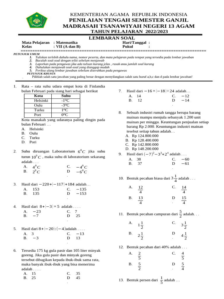 PTS matematika kelas 7 smt 1 2022 | PDF