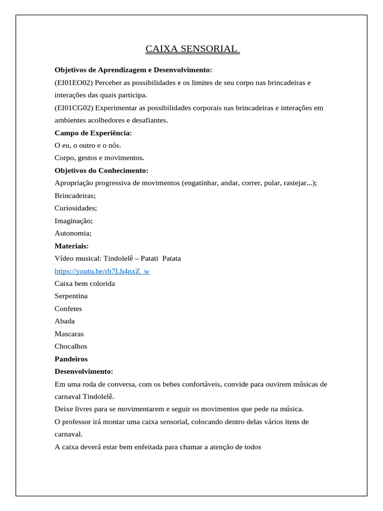 AULA 1 - CAIXA SENSORIAL | PDF