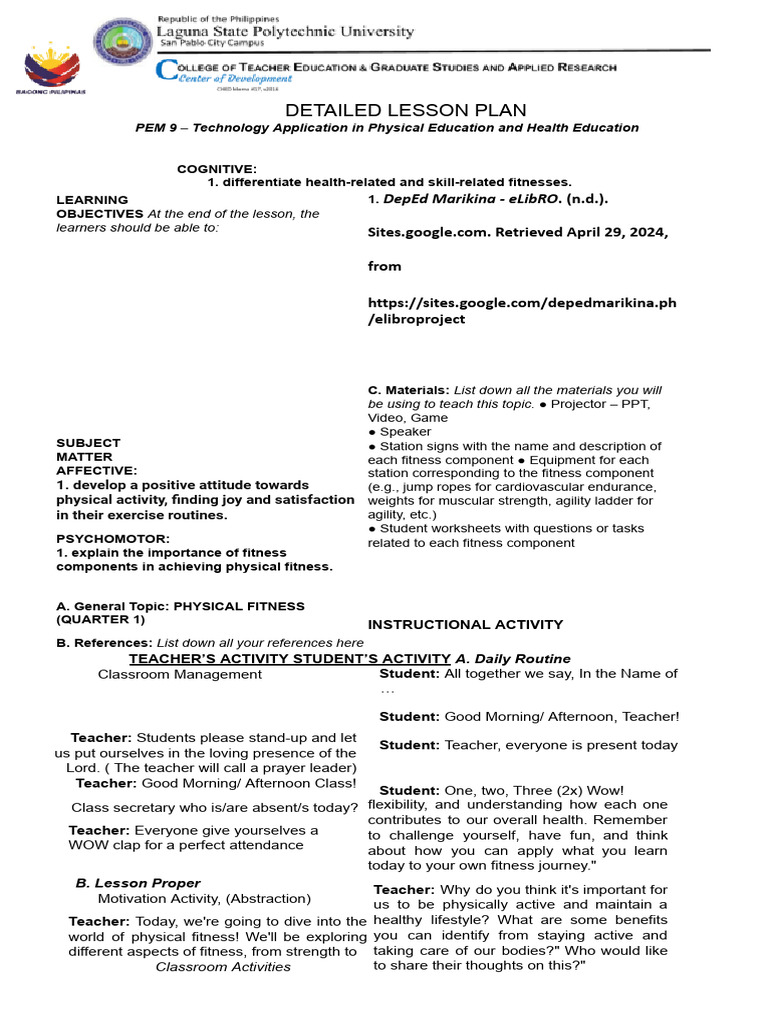 Detailed Lesson Plan Format | PDF | Physical Fitness | Flexibility ...