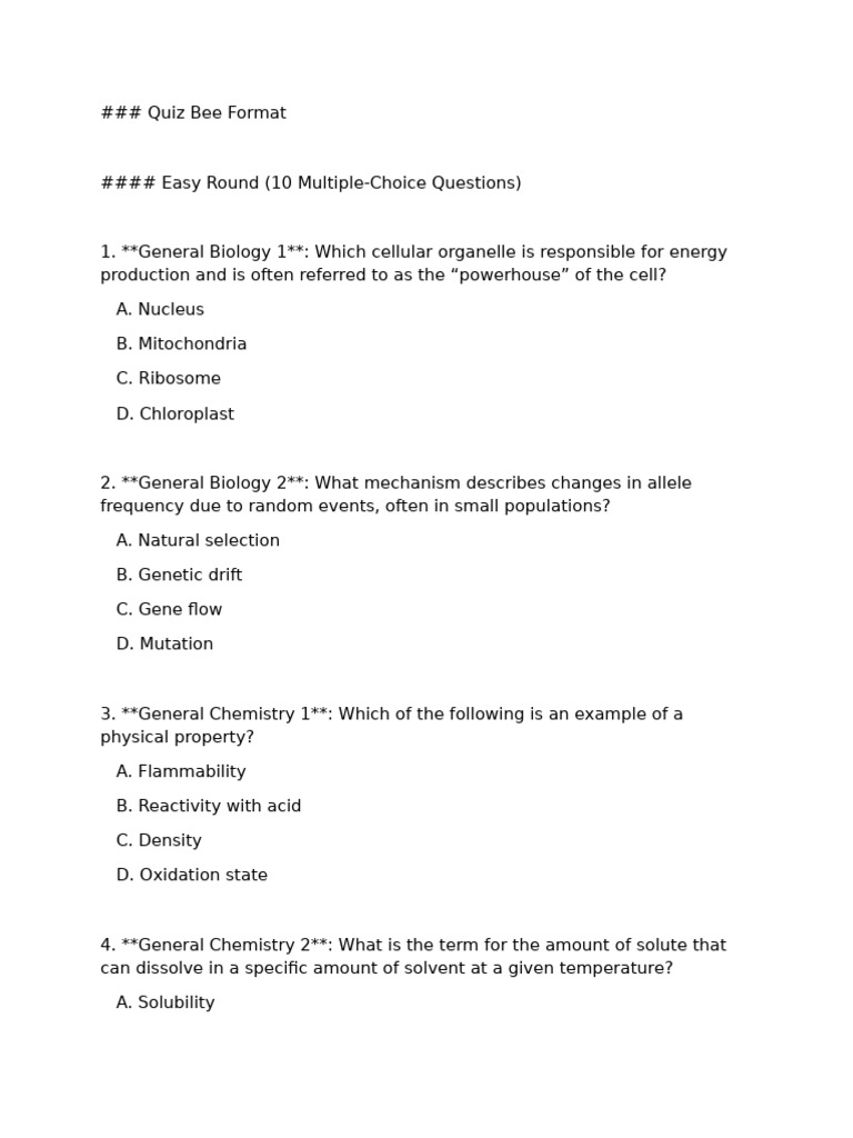 Science 12 Quiz Bee Sample | PDF | Biology | Mole (Unit)