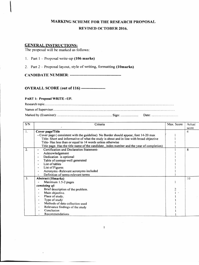 Marking Scheme For Research Proposal, Revised Oct 2016 | PDF